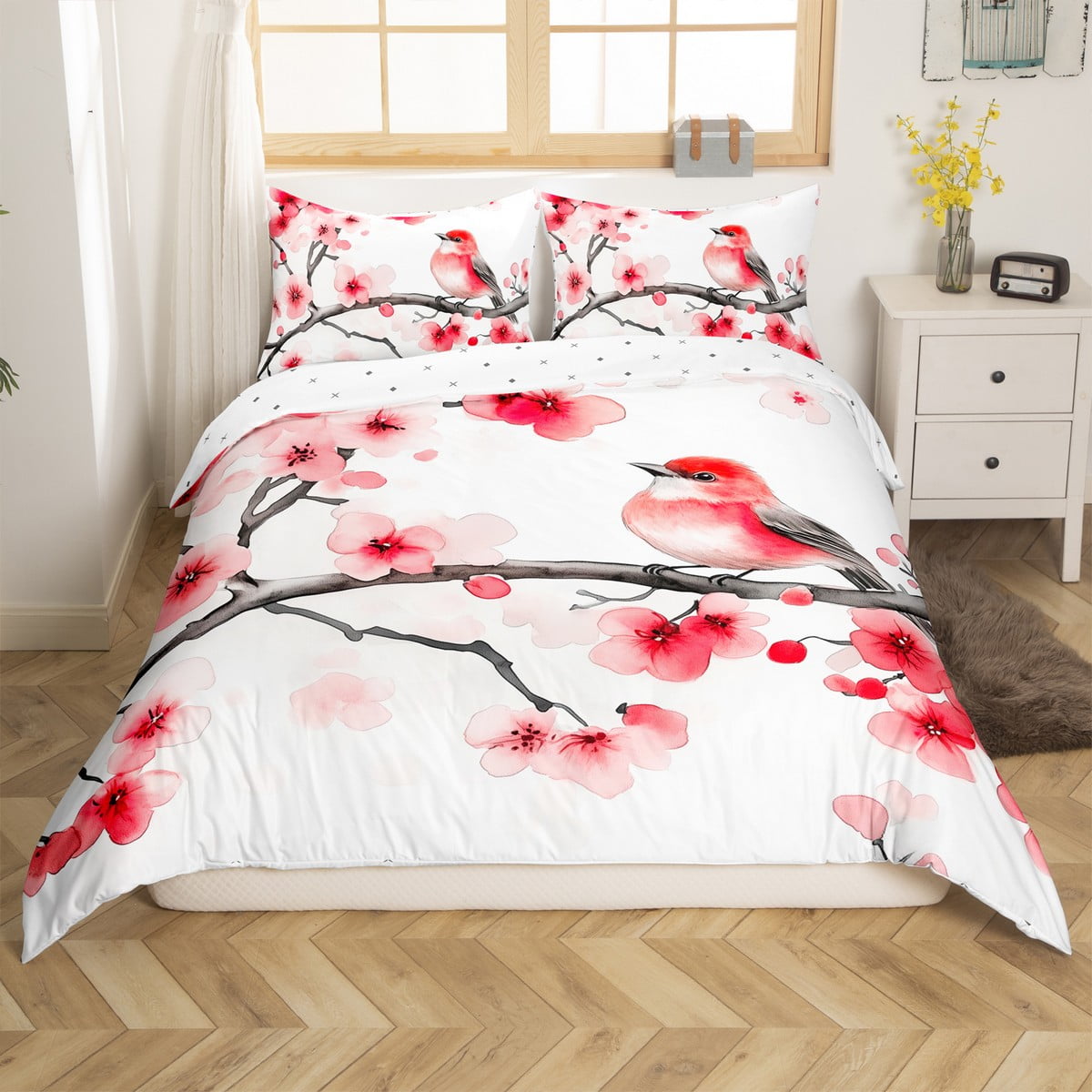 Red Cherry Blossom Duvet Cover Set Twin Size,Cute Bird Bedding Set 2Pcs ...
