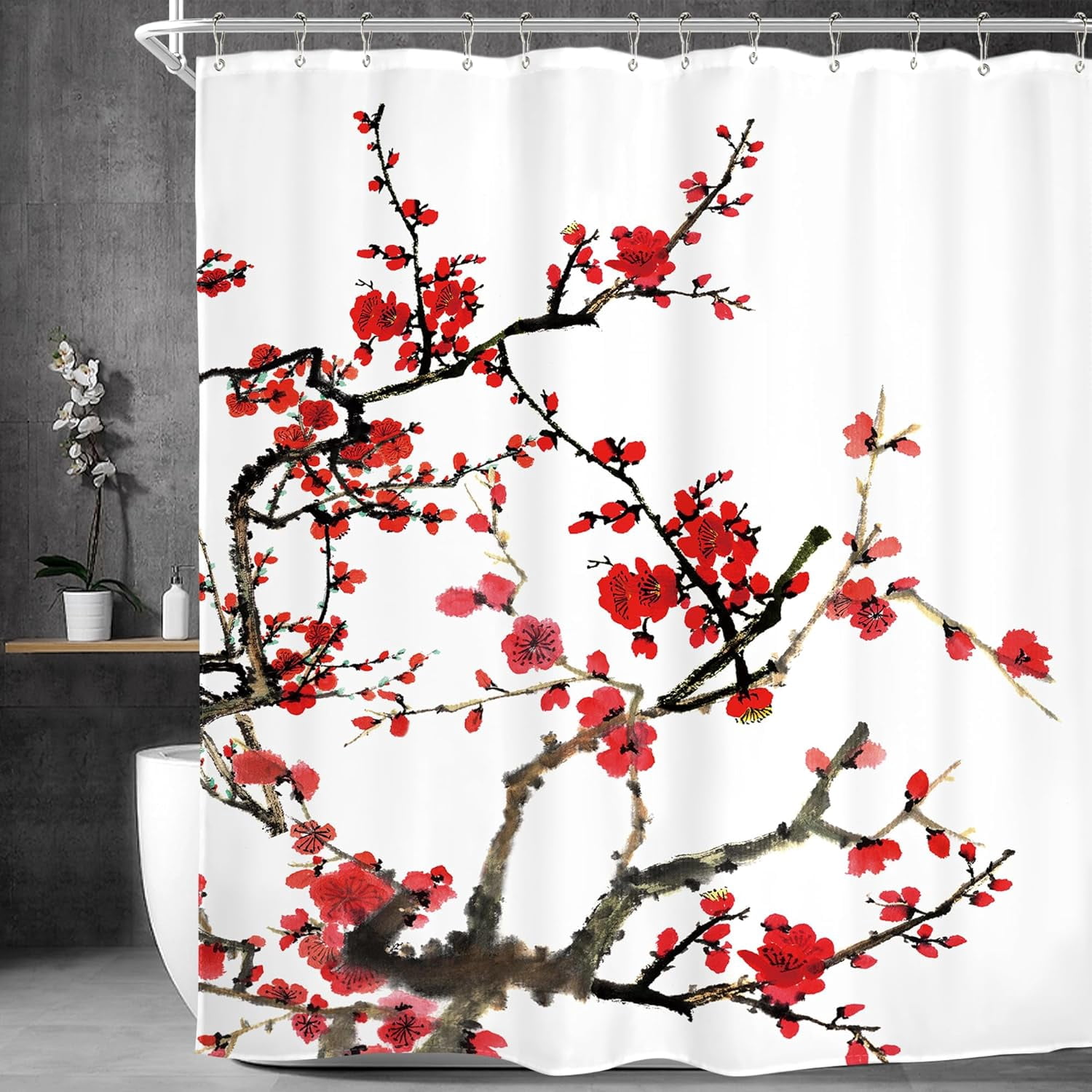 Red Cherry Blossom Japanese Theme Shower Curtain Asian Chinese Blooming ...
