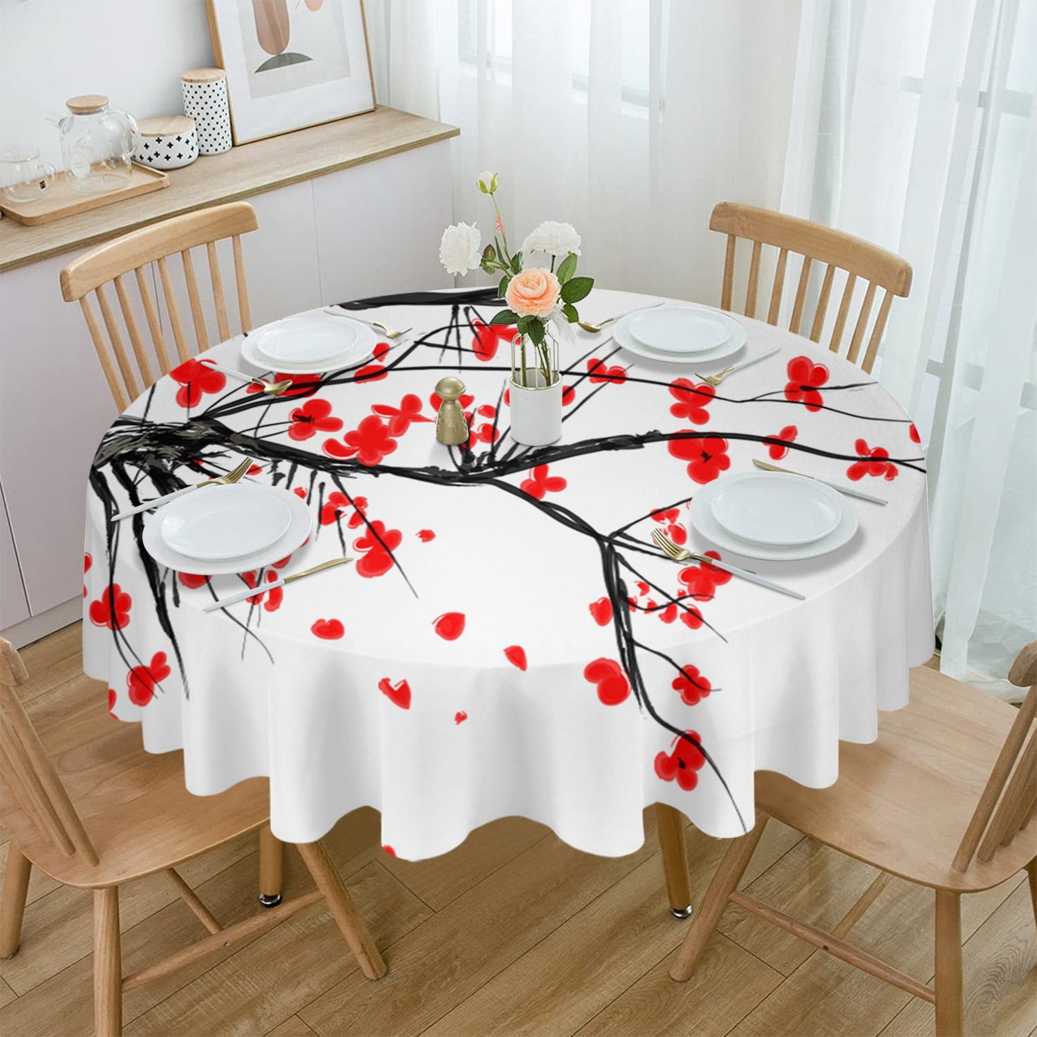 Red Cherry Blossoms Flower Round Tablecloths for Dining Table ...
