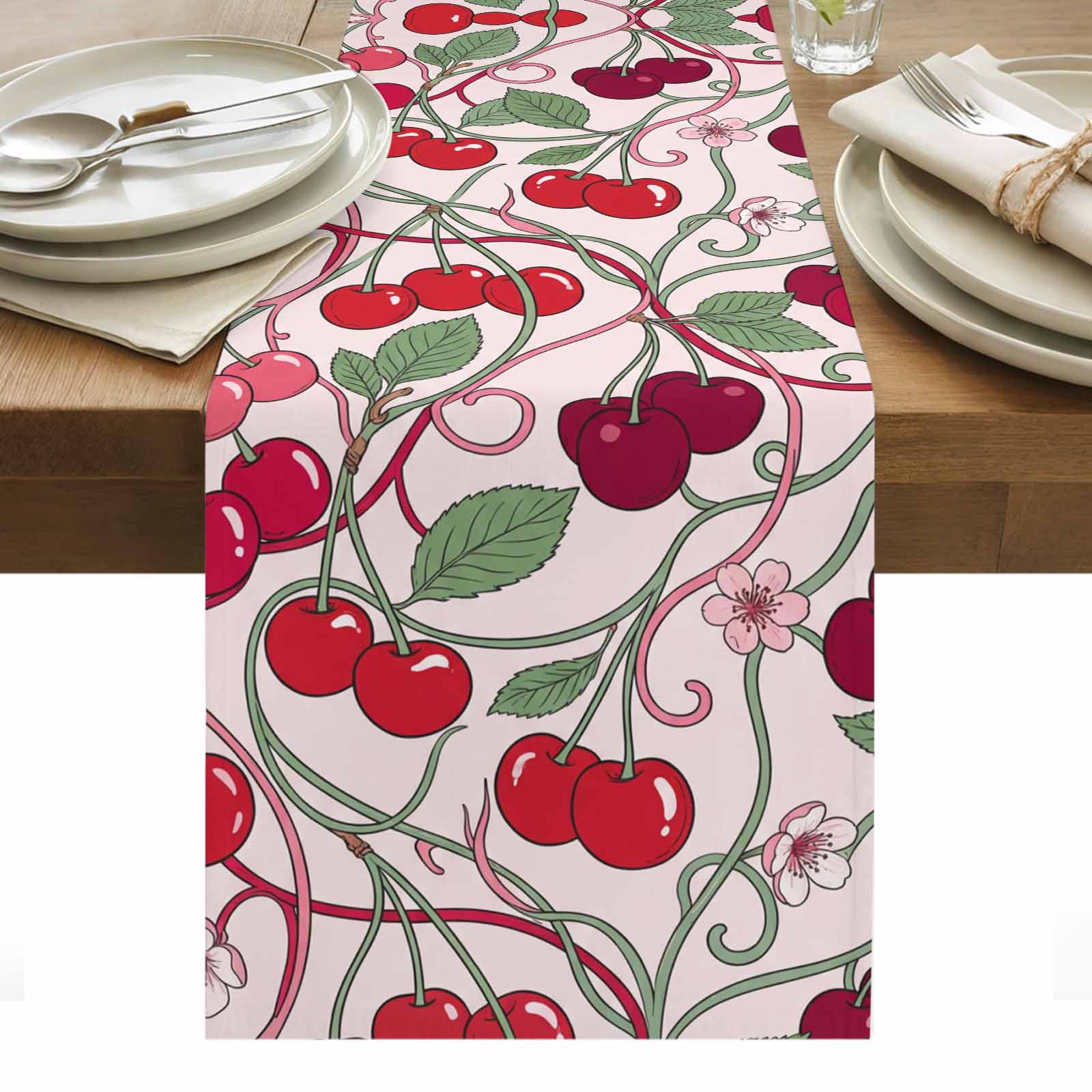 Red Cherry Cotton Linen Table Runner Vintage Red Cherry Pink Floral ...
