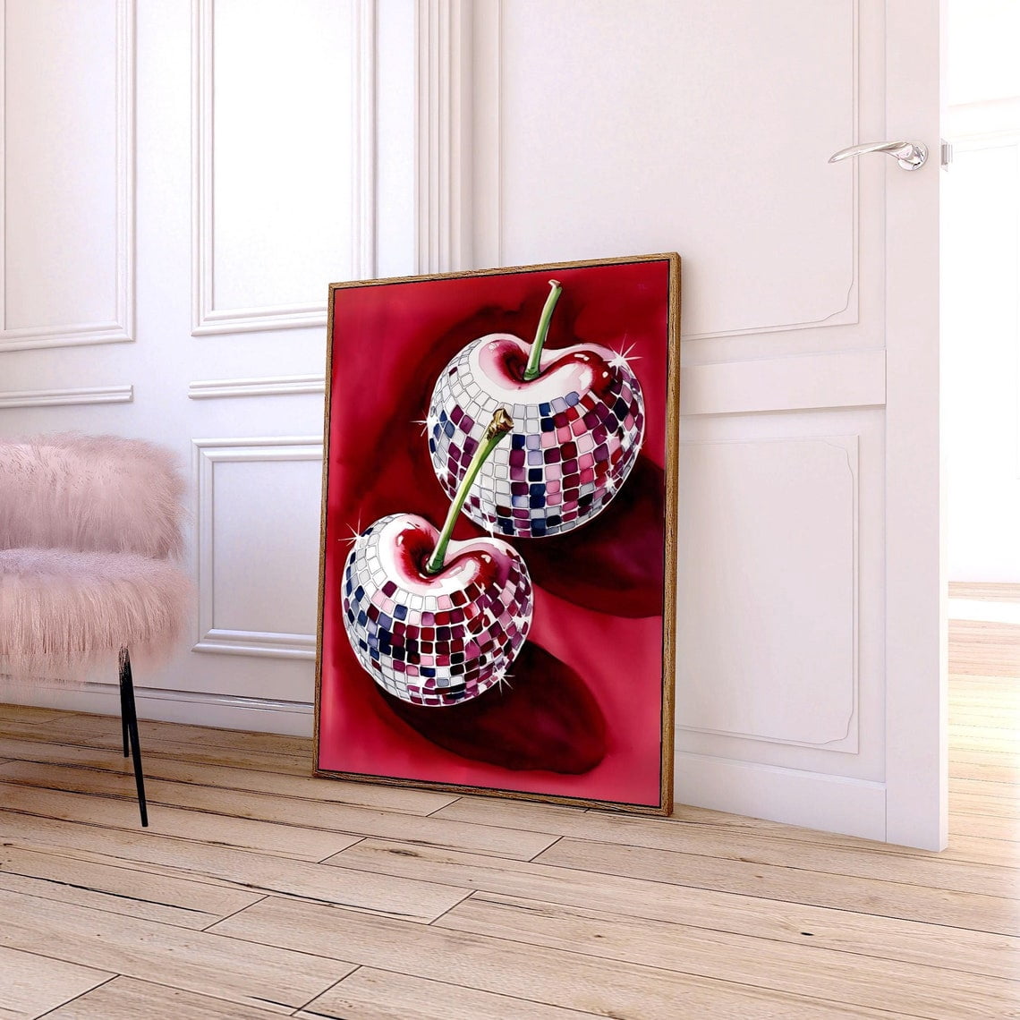 Red Cherry Disco Ball Y2K Bar Cart Wall Art, Unframed Canvas Size 8x12 ...