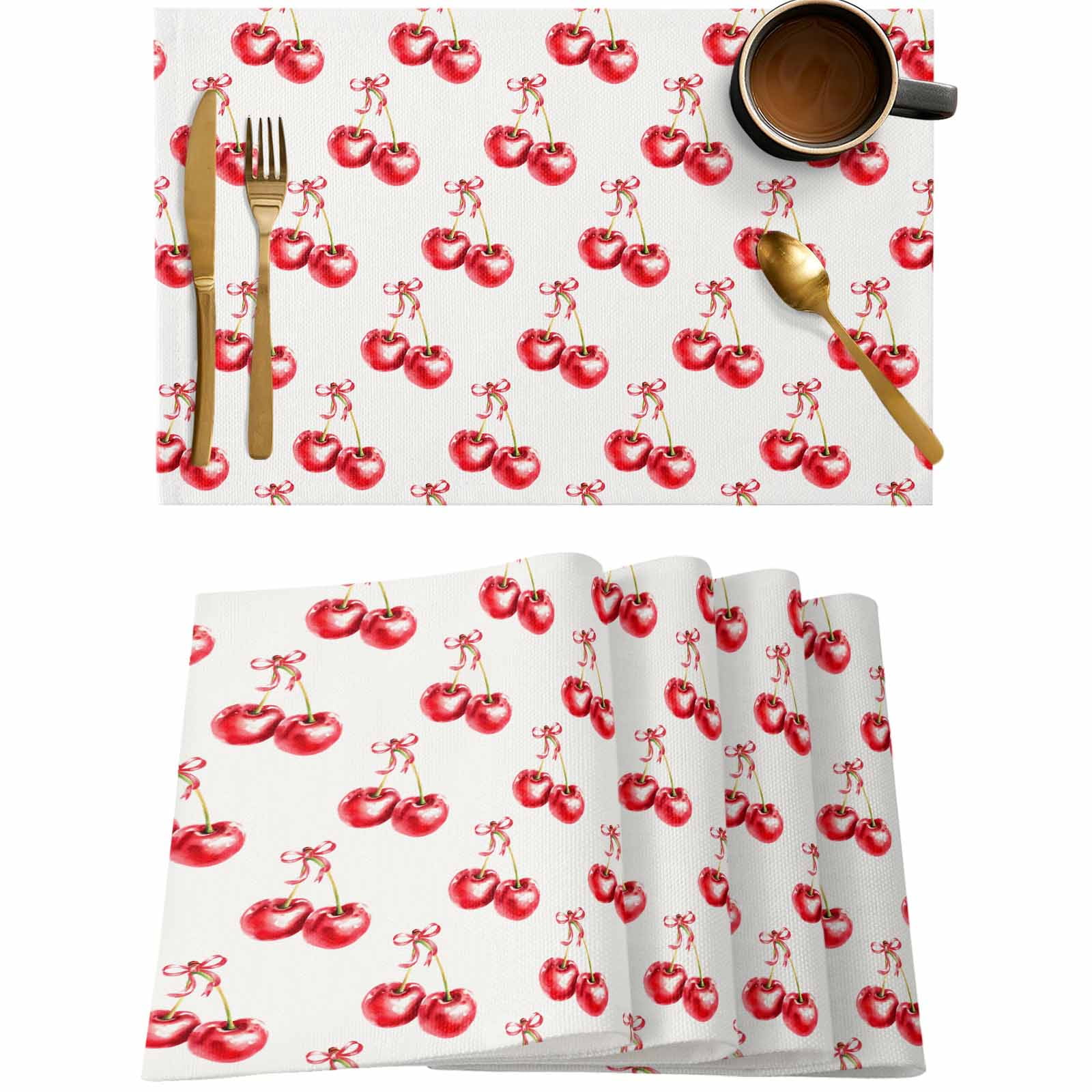 Red Cherry Fruit Seamless Placemats Set of 4,Wipeable Washable Table ...