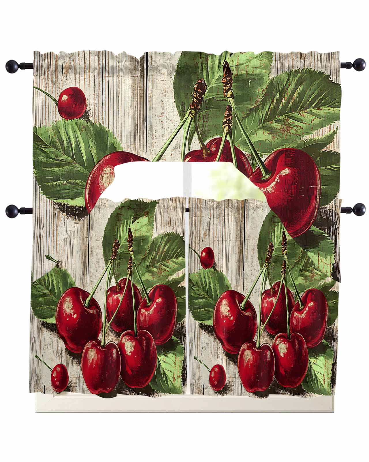 Red Cherry Kitchen Curtains Sets 24 Inch Length with Valance, Vintage ...