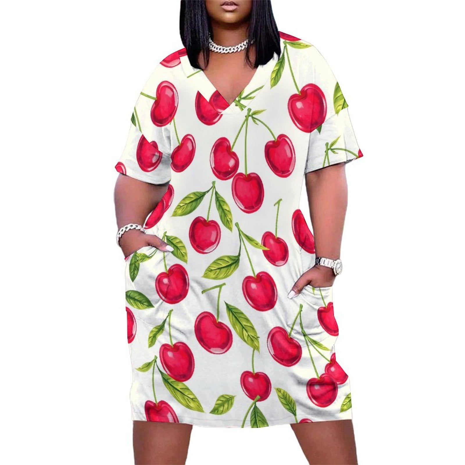 Red Cherry Pattern Loose Pocket Dress Elegant Women"s Dresses for Wedding Wedding Dresses for ...