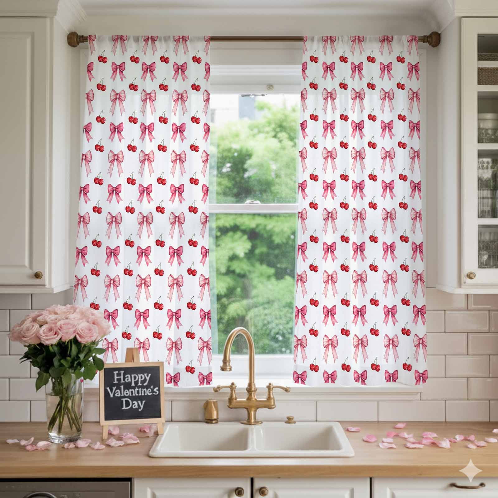 Red Cherry Pink Cherry on White Chiffon Sheer Curtains 72 Inches Long ...