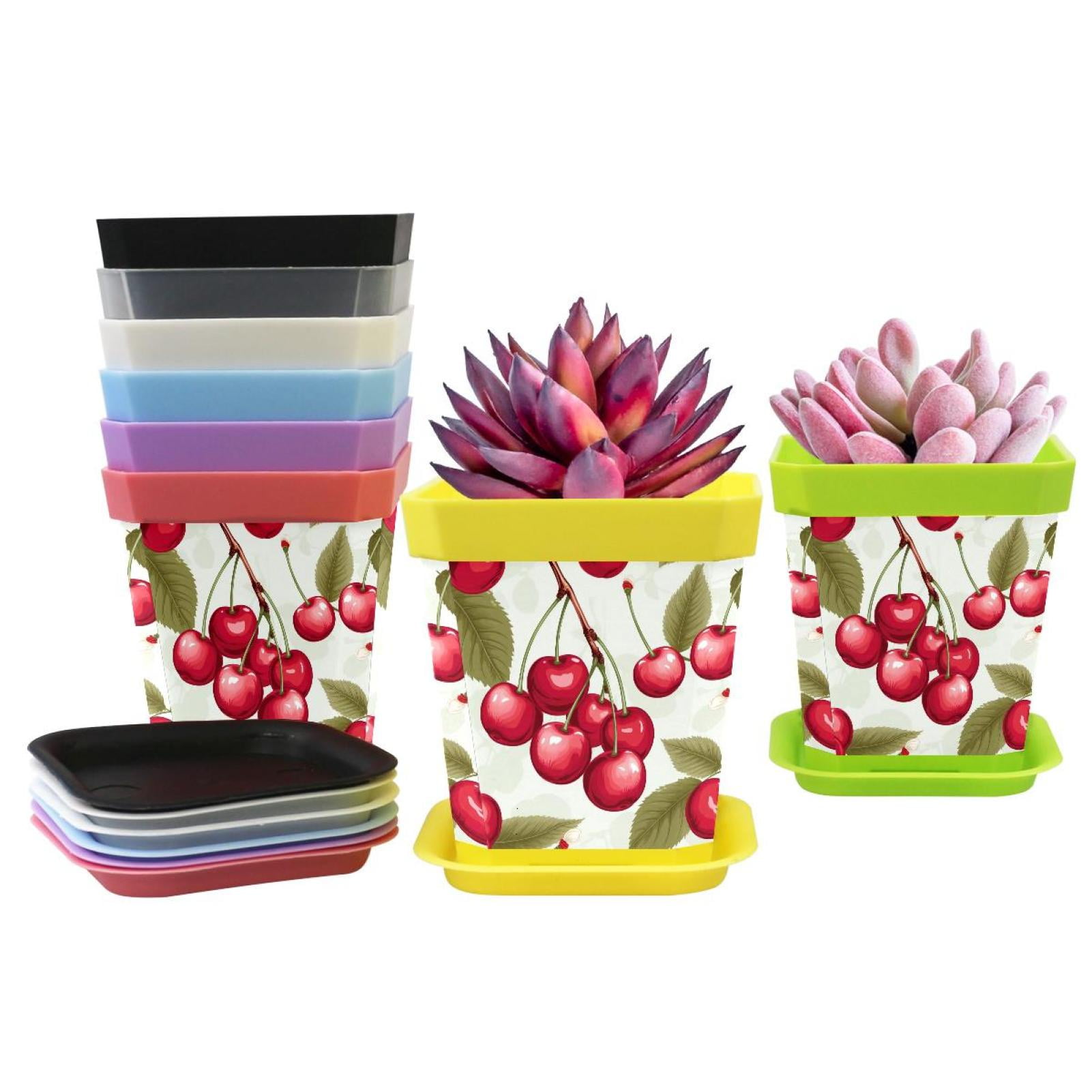 Red Cherry Print 8 PCS Plant Pot, Plastic Flower Pots with Drainage ...