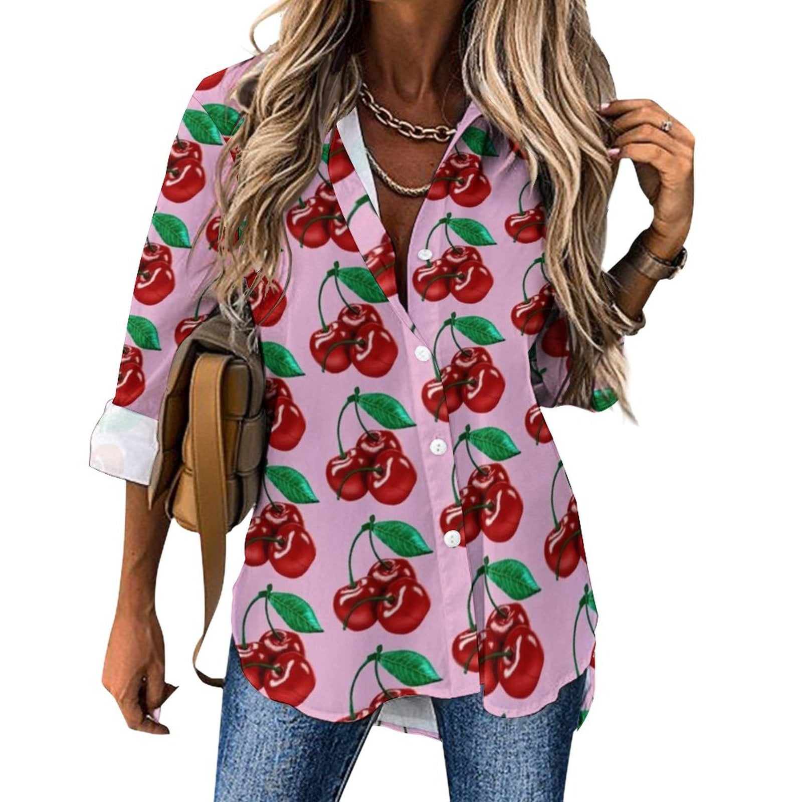 Red Cherry Print Blouse Pink Plaid Cute Printed Casual Blouses Womens ...