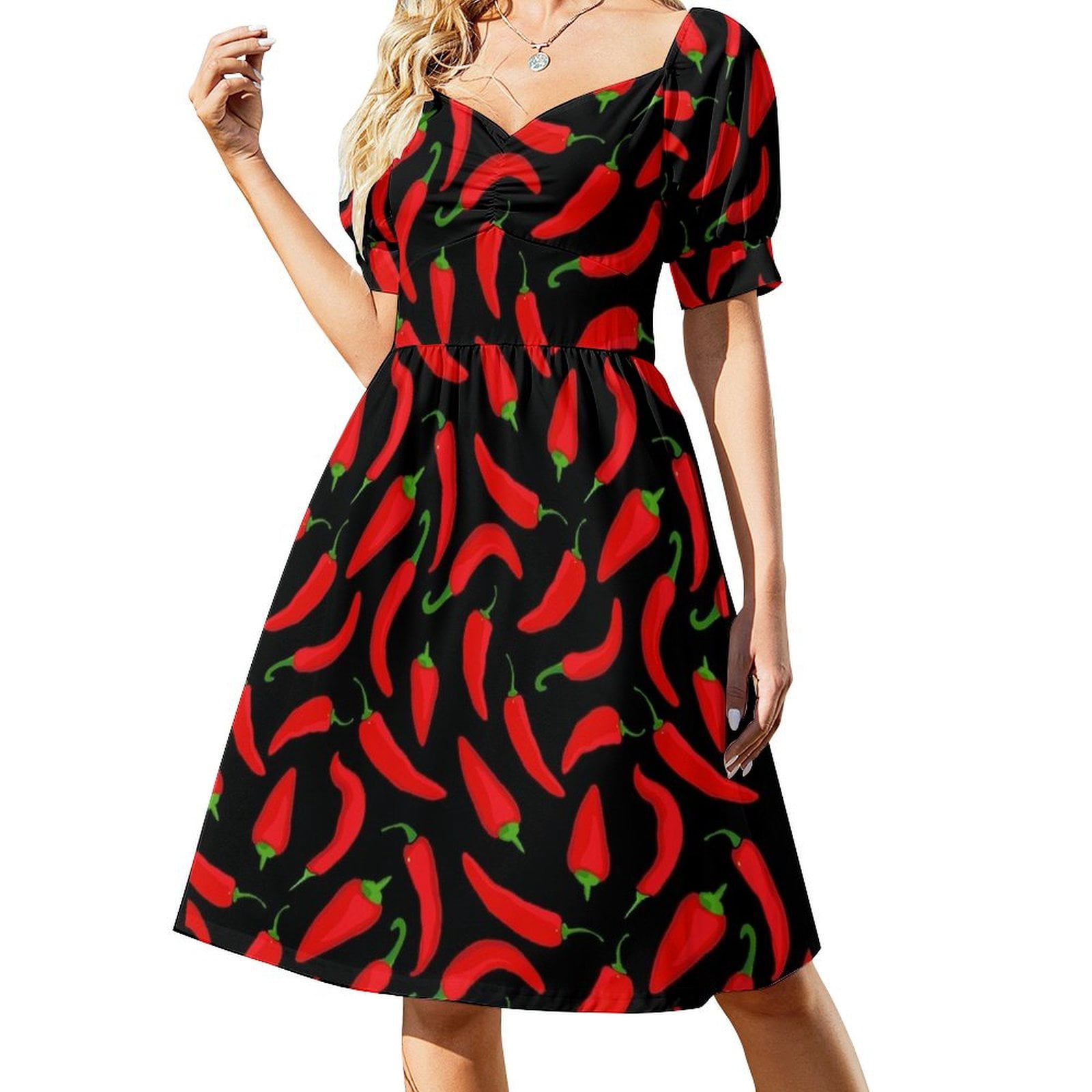Red Chilli Pepper Pattern on Black Sleeveless Dress Cocktail of dresses ...