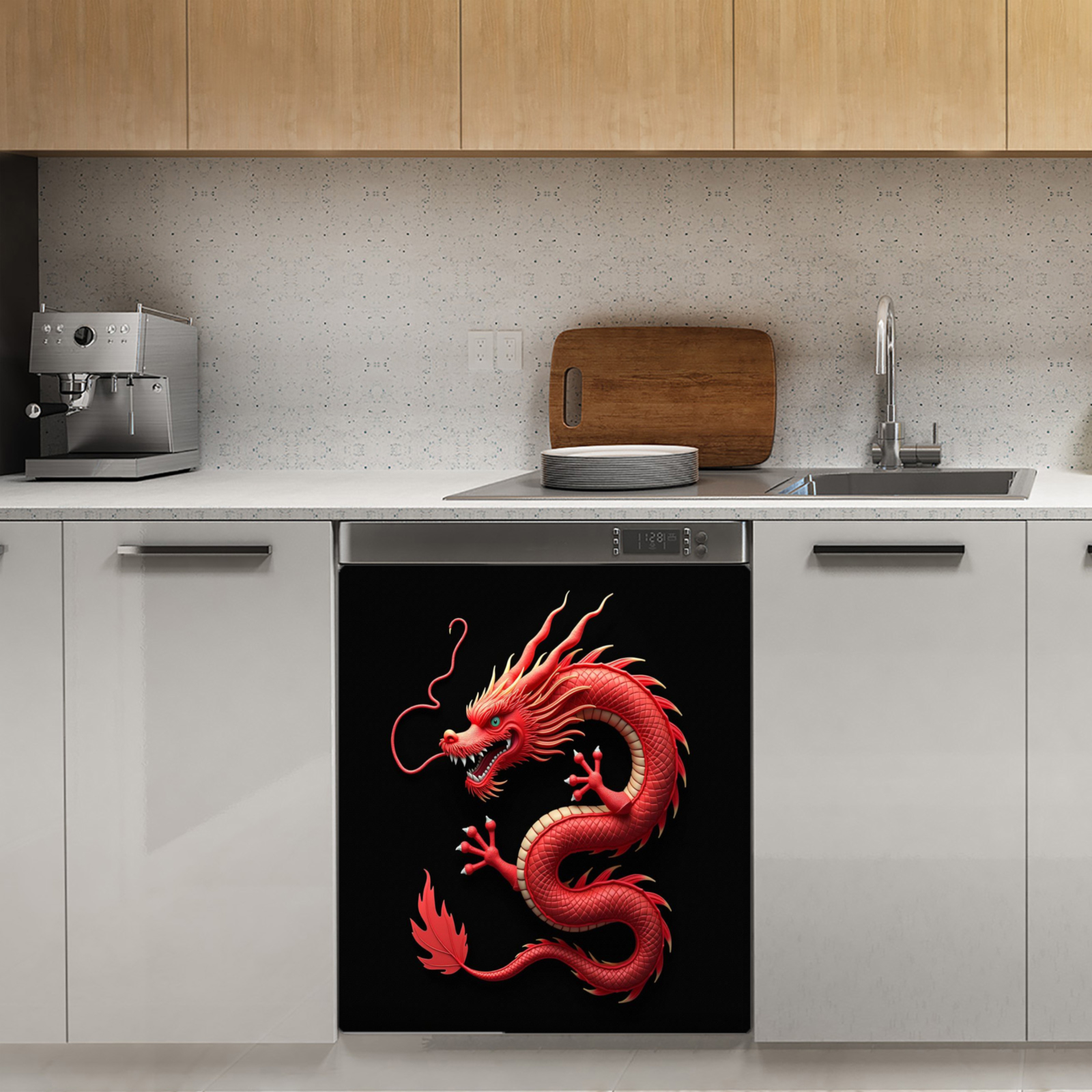 Red Chinese Dragon Design(1) Dishwasher Magnet Cover Decorative Sticker ...