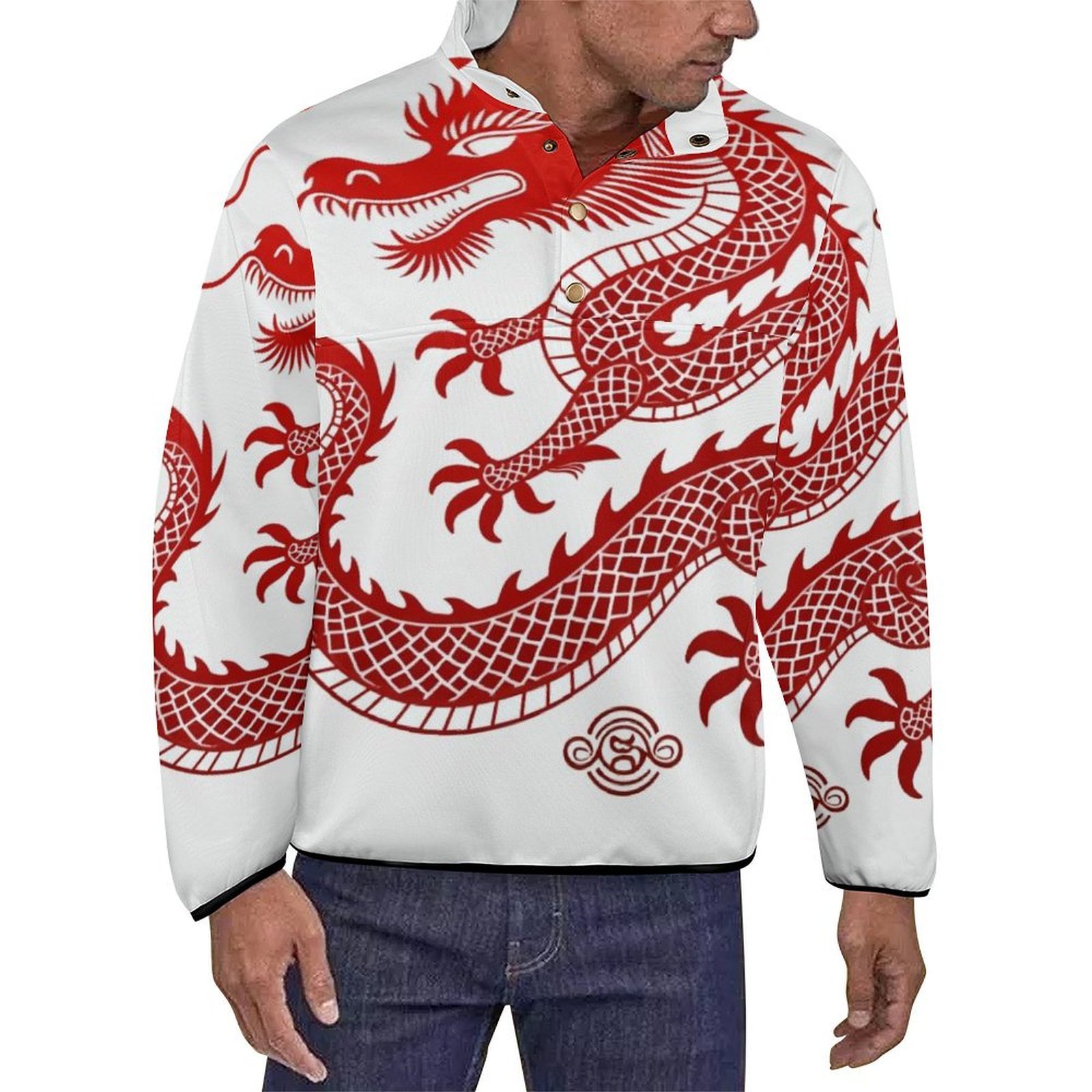 Red Chinese Dragon Design Men's Stand Collar Sweater Long Sleeve ...