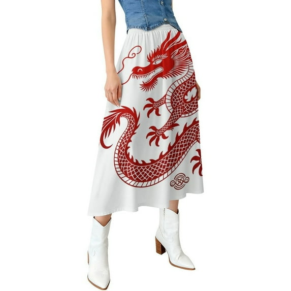 Red Chinese Dragon Design Women High Waist Midi Skirt Elegant Midi ...