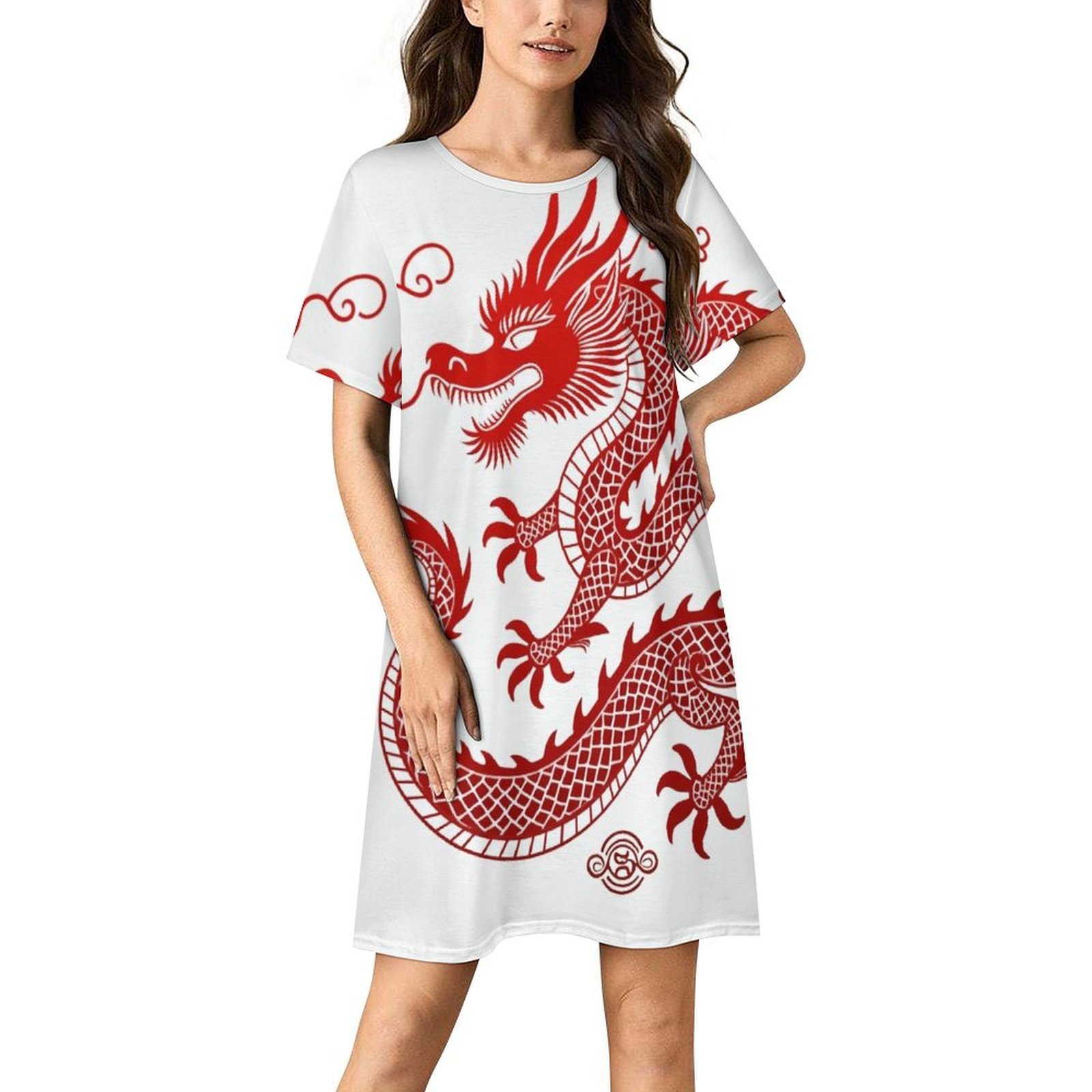 Red Chinese Dragon Design Women Nightgown Sleepwear Short Sleeves For ...