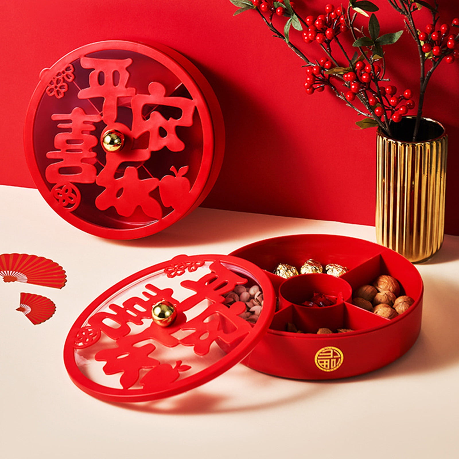Red Chinese New Year Plastic Fruit Platter with 5 Compartments, Lidded ...
