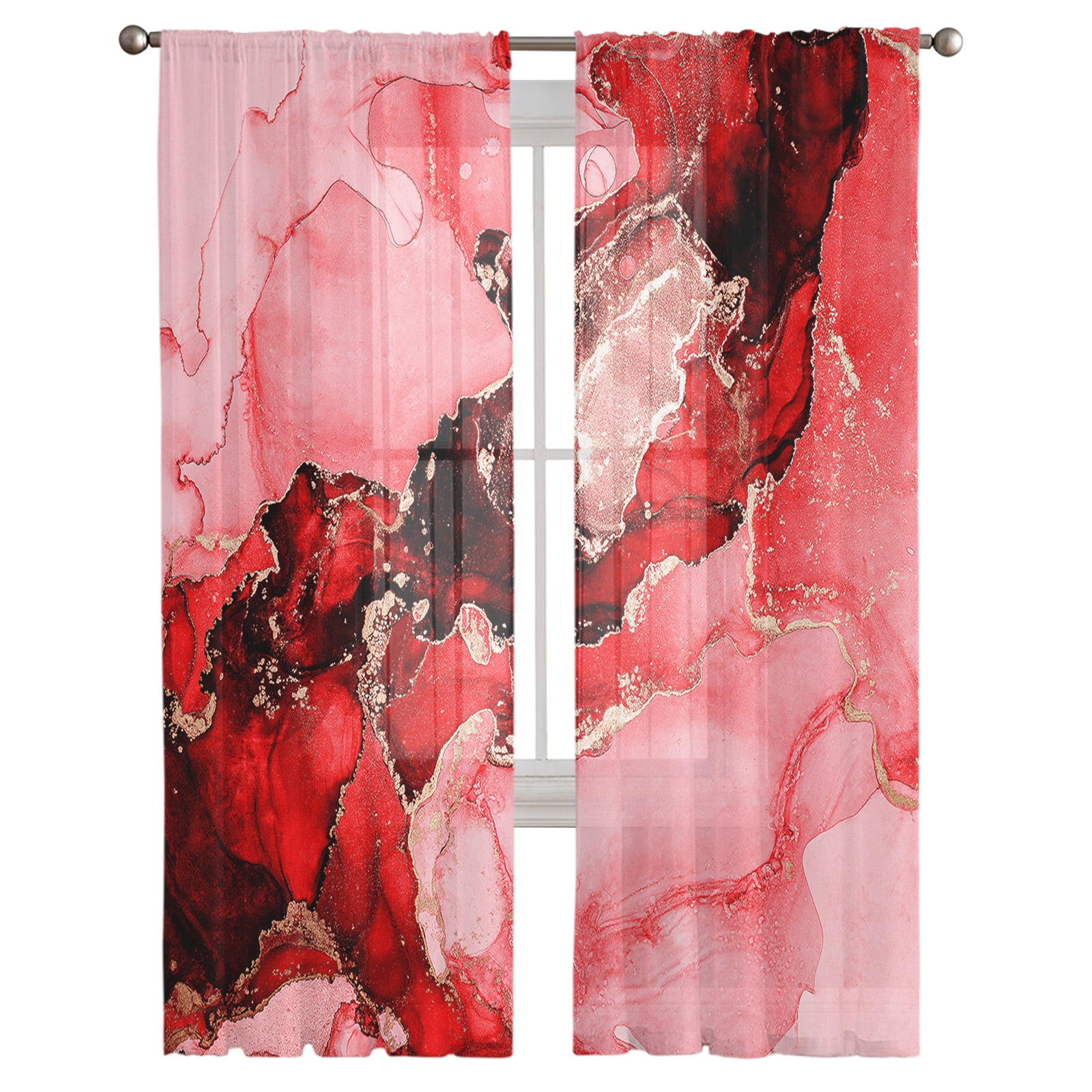 Red Chinese Style Marble Texture Sheer Curtain for Living Room Bedroom ...