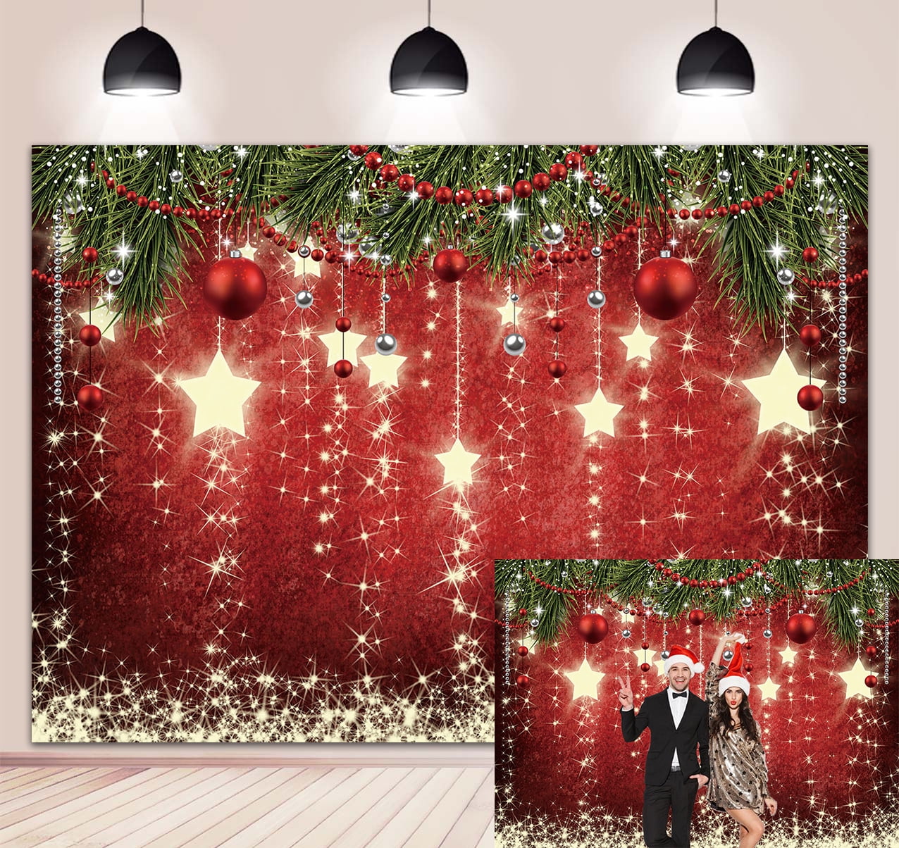 8x6FT Red Christmas Backdrop Christmas Background Sparkling Stars Christmas Backdrops ...