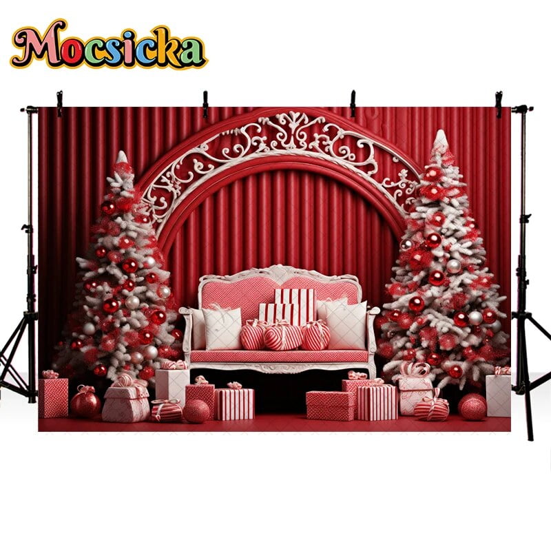 Red Christmas Backdrop Adult Kids Portrait Photo Background Xmas Tree ...
