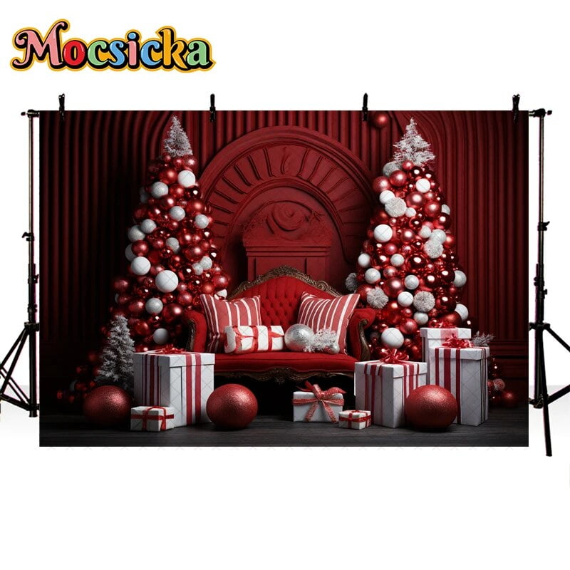 Red Christmas Backdrop Adult Kids Portrait Photo Background Xmas Tree ...