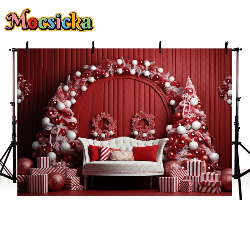 Red Christmas Backdrop Adult Kids Portrait Photo Background Xmas Tree ...