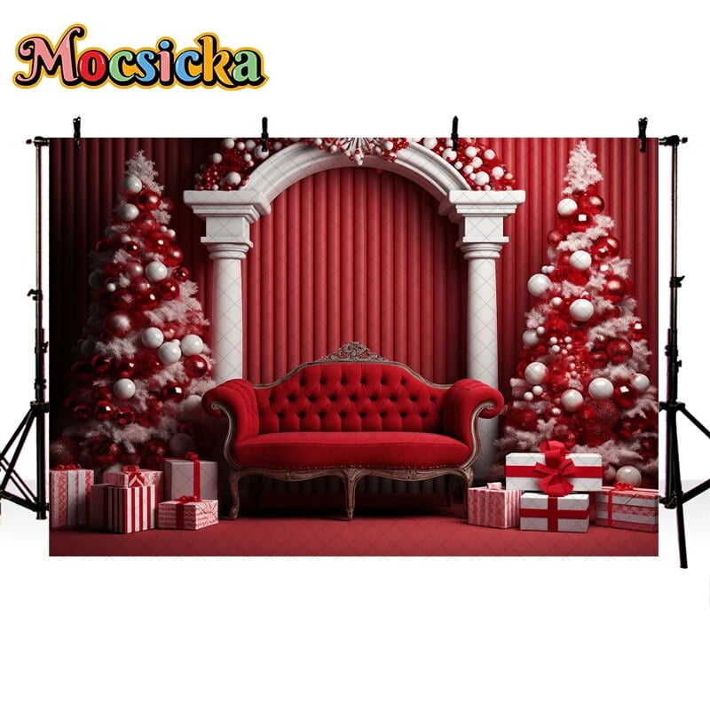 Red Christmas Backdrop Adult Kids Portrait Photo Background Xmas Tree ...