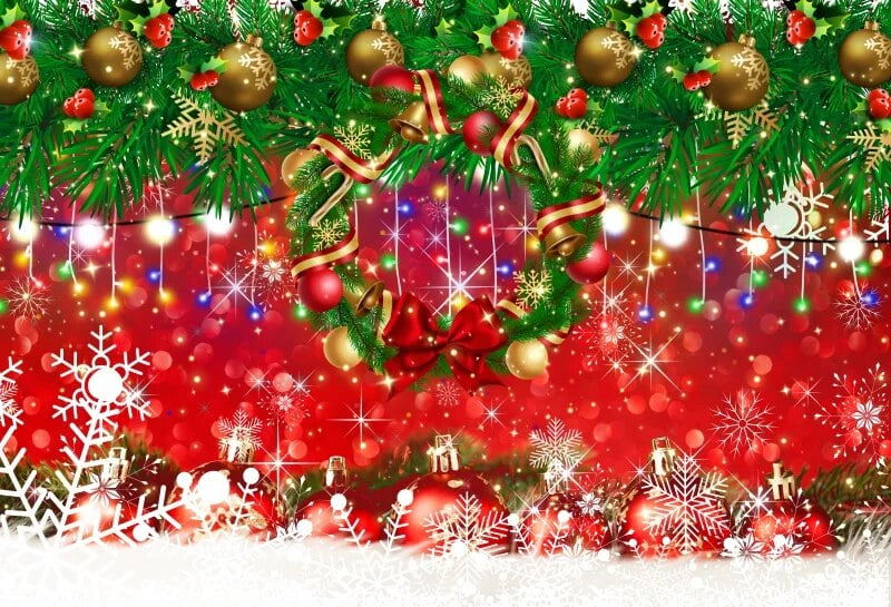 Red Christmas Backdrop Sparkling Stars Snowflake Wreath New Year Winter ...
