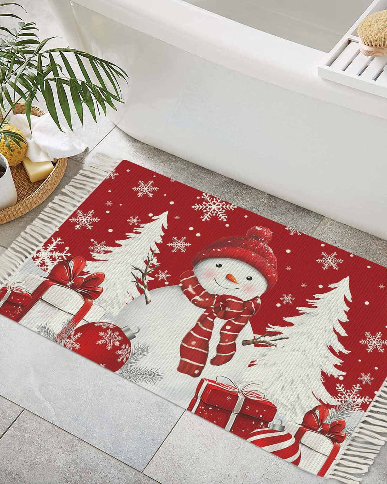 Red Christmas Bathroom Rug 2x3 Front Door Mat with Tassel Cotton Woven ...