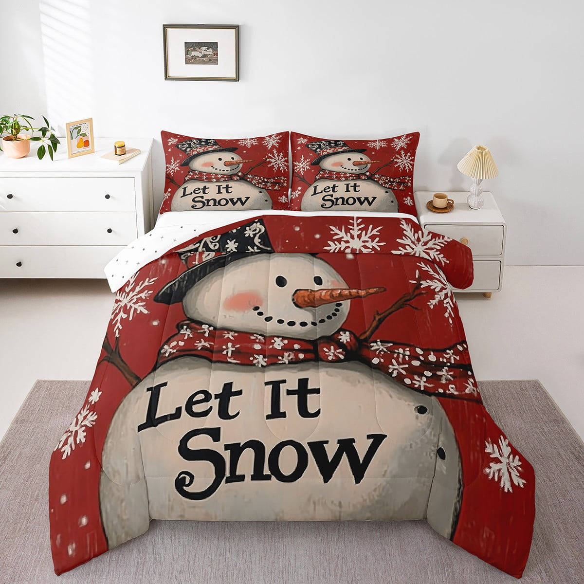 Red Christmas Beding Set,Cute Oil Painting Snowman Comforter Sets King ...