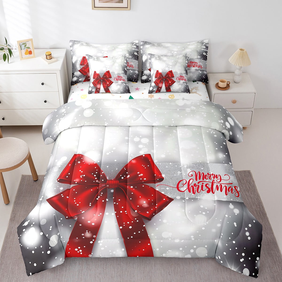 Red Christmas Bow Print Bedding Set 7 Piece Queen Christmas Bed in a ...