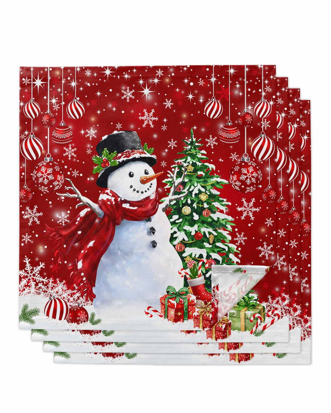 Red Christmas Cloth Napkins Set of 4, Xmas Snowman Pine Tree Snowflake ...