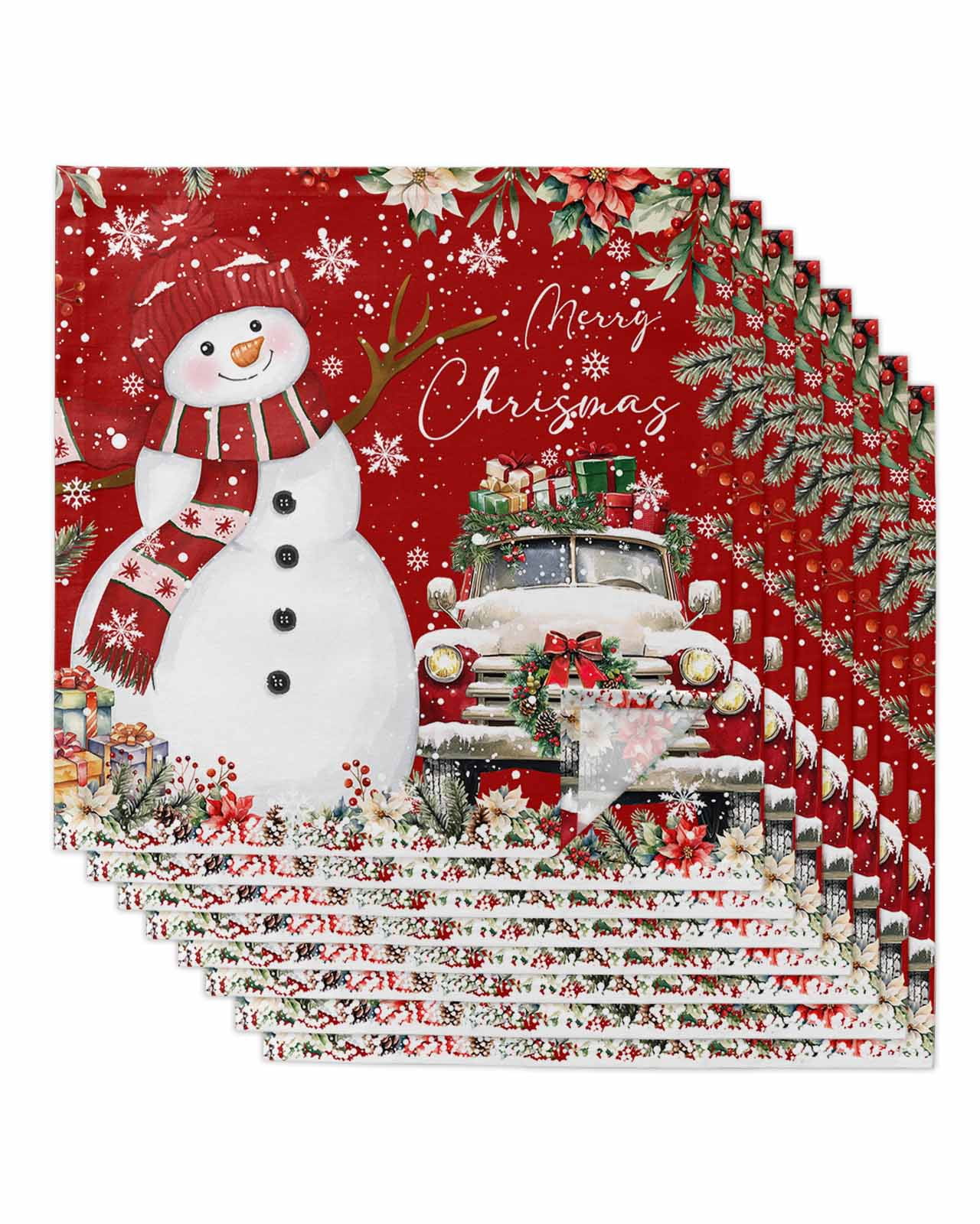 Red Christmas Cloth Napkins Set of 8, Snowman Truck Xmas Snowflake ...