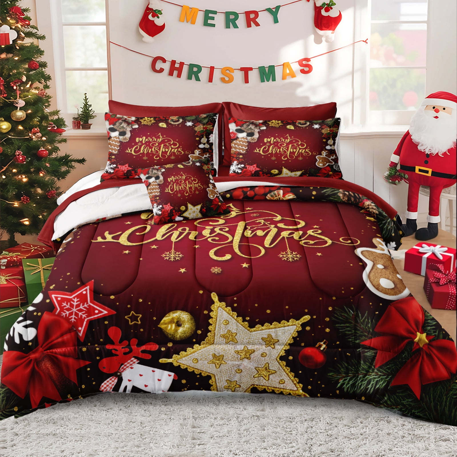 Red Christmas Comforter Set Queen/King Size with Sheets Cute Xmas Bow ...