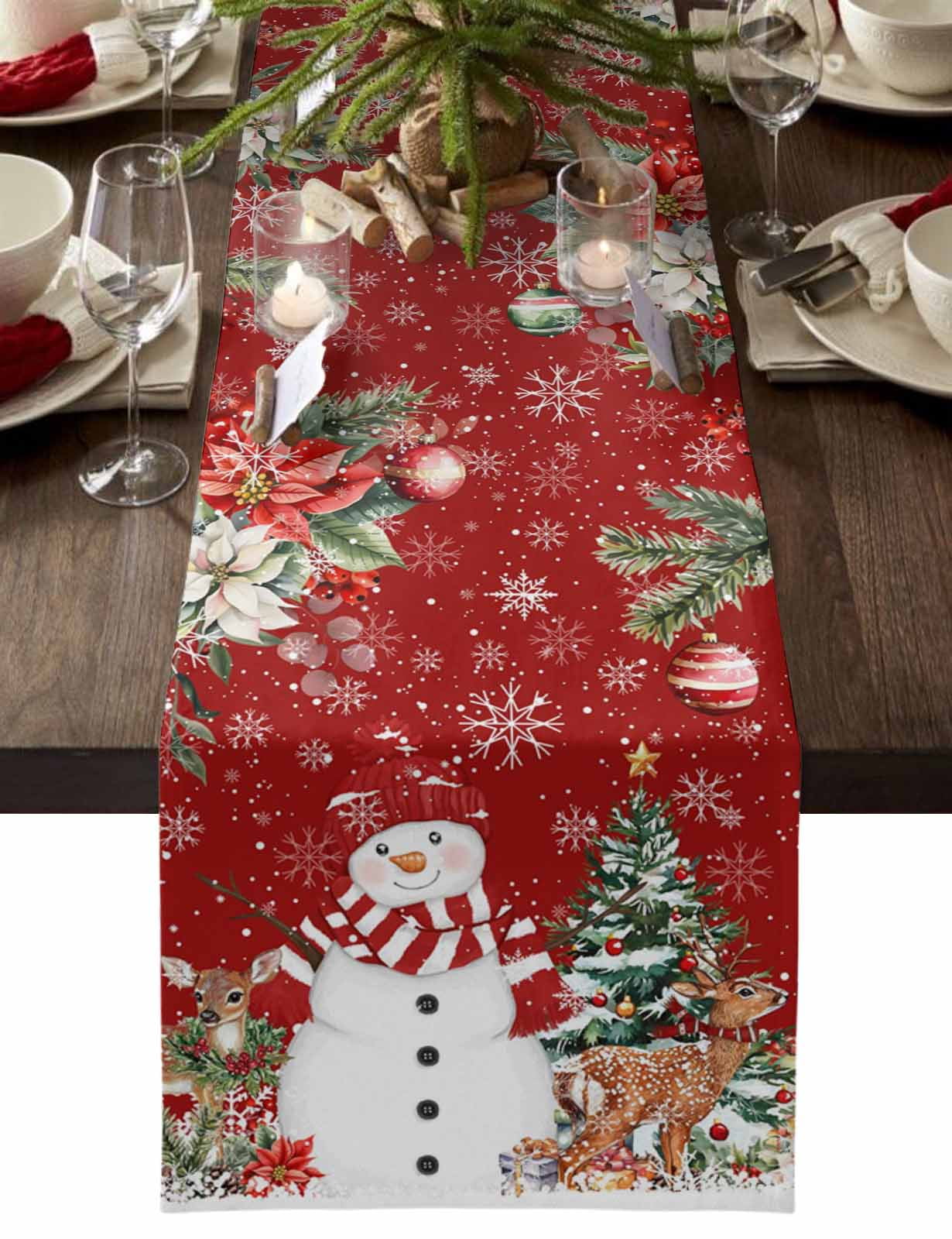 Red Christmas Cotton Linen Table Runner for Dining Kitchen, Snowman ...