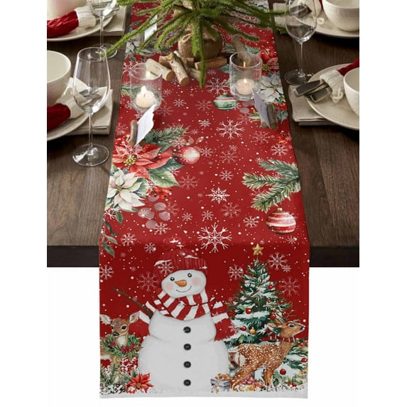 Red Christmas Cotton Linen Table Runner for Dining Kitchen, Snowman ...