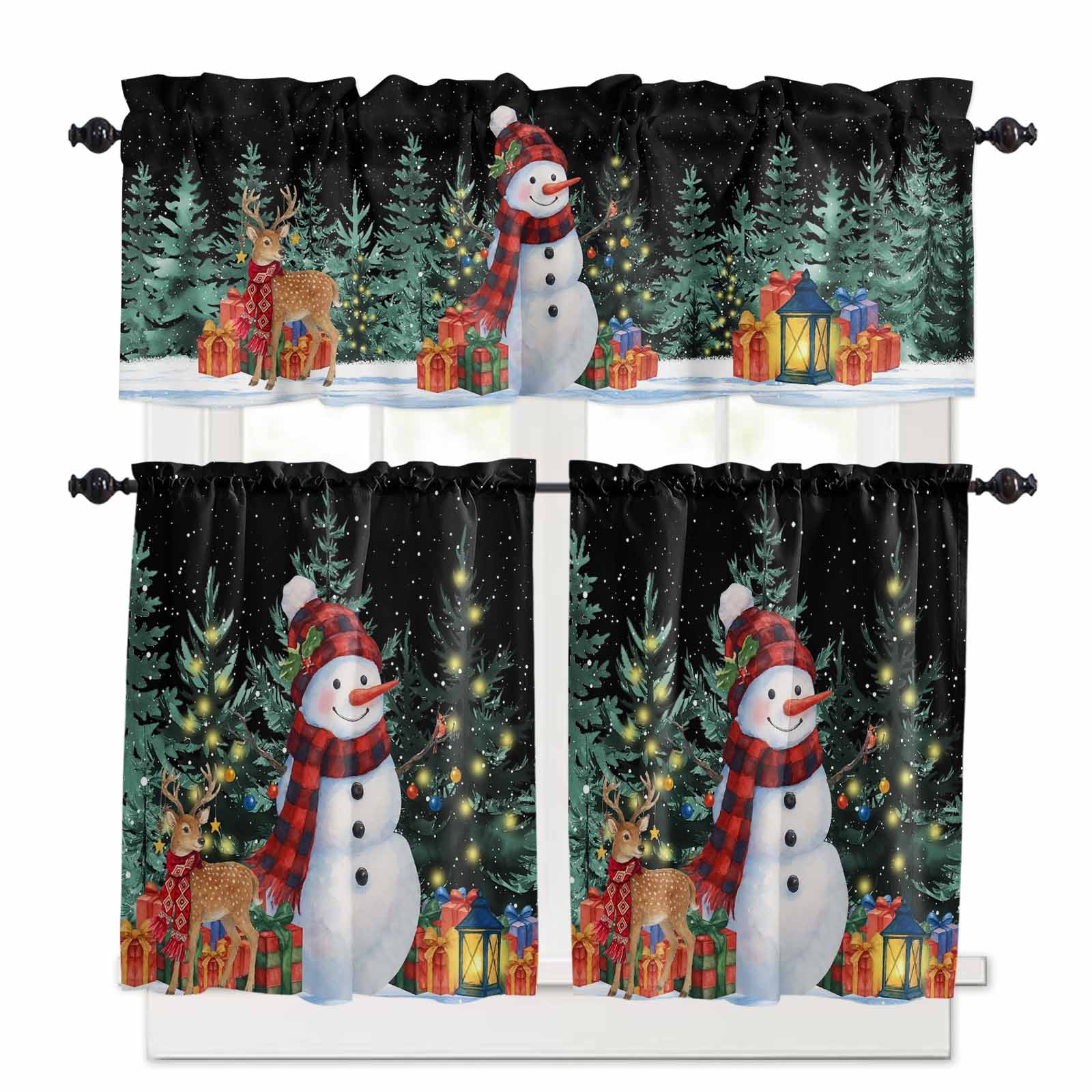 Red Christmas Curtain Valances Set Xmas Poinsettia Balls Botanical ...