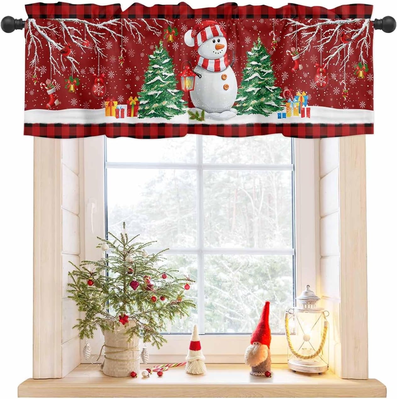 Red Christmas Curtain Valances for Windows, Snowman Window Valances ...