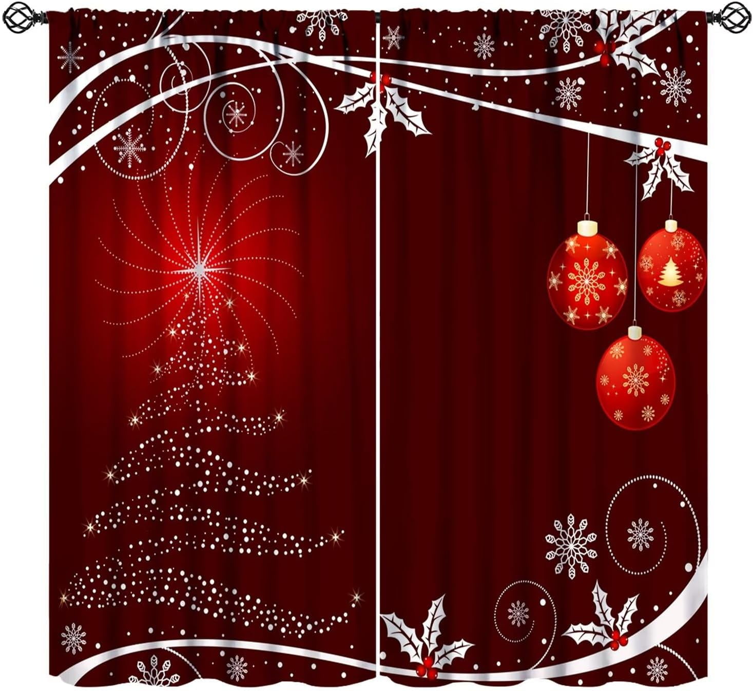 Red Christmas Curtains,Shiny Balls Red Christmas Tree Lantern Printed ...