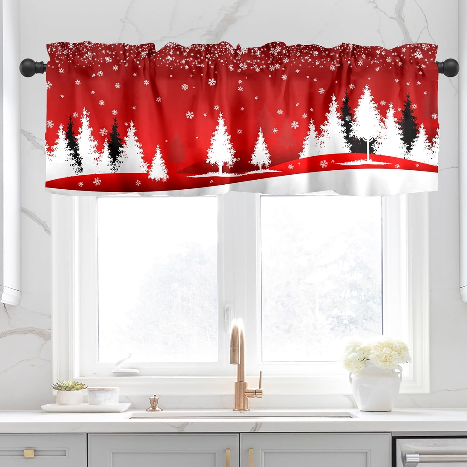 Red Christmas Curtains Valances For Kitchen Windows 54x18 Inch Winter ...