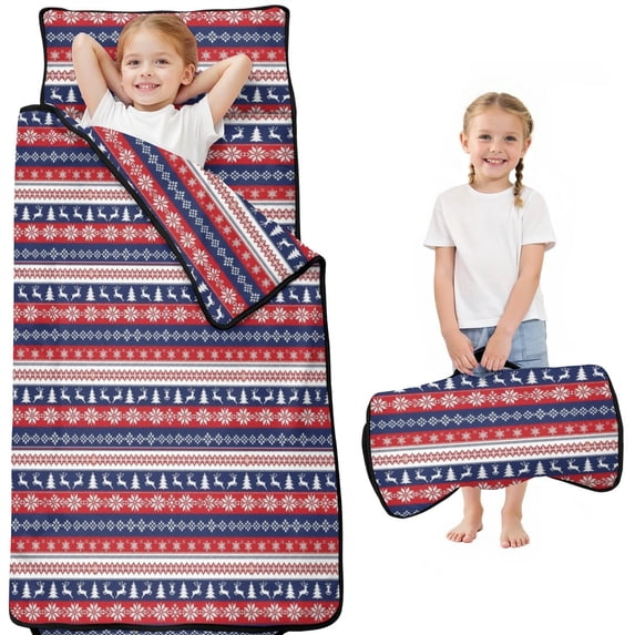 Red Christmas Deer and Tree Pattern Kids Nap Mat, Sleeping Mat with ...