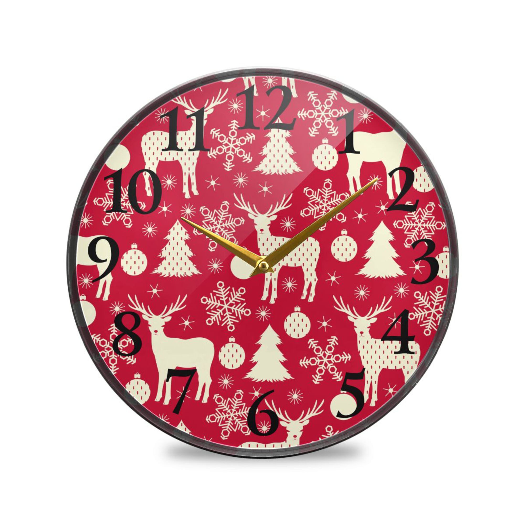 Red Christmas Deers Wall Clocks Battery Operated 9.5 Inch Round Clock ...