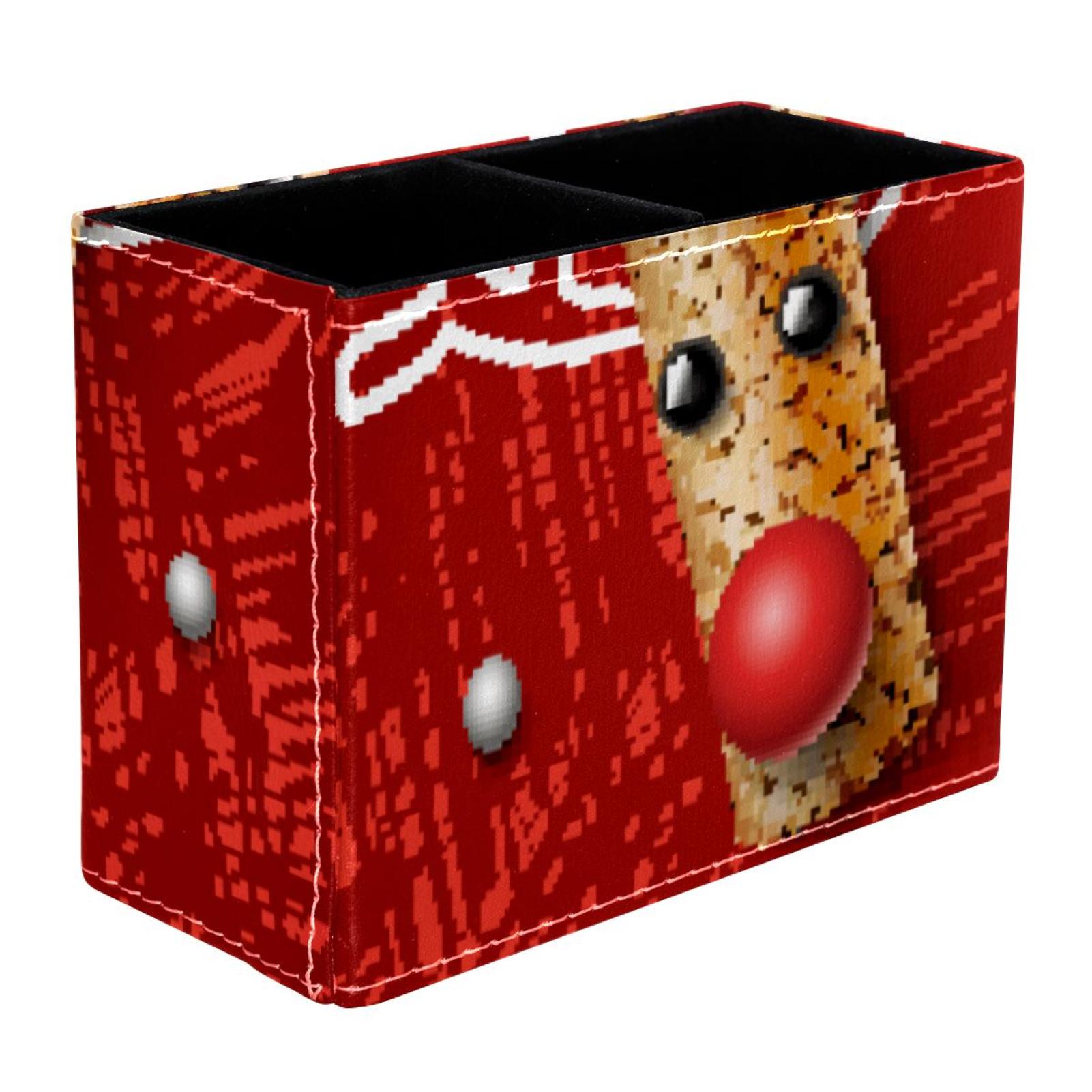 Red Christmas Elk Pattern PVC Leather Brush Holder and Pen Organizer ...