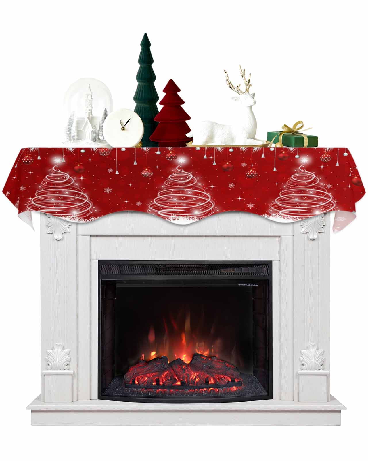 Red Christmas Fireplace Mantel Scarf Table Runner, Snowflake Tree Balls ...
