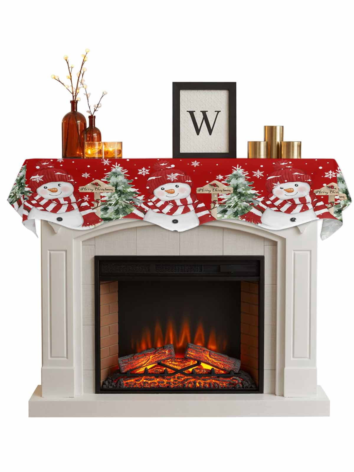 Red Christmas Fireplace Mantle Scarf, Winter Snowman Pine Tree Berry ...