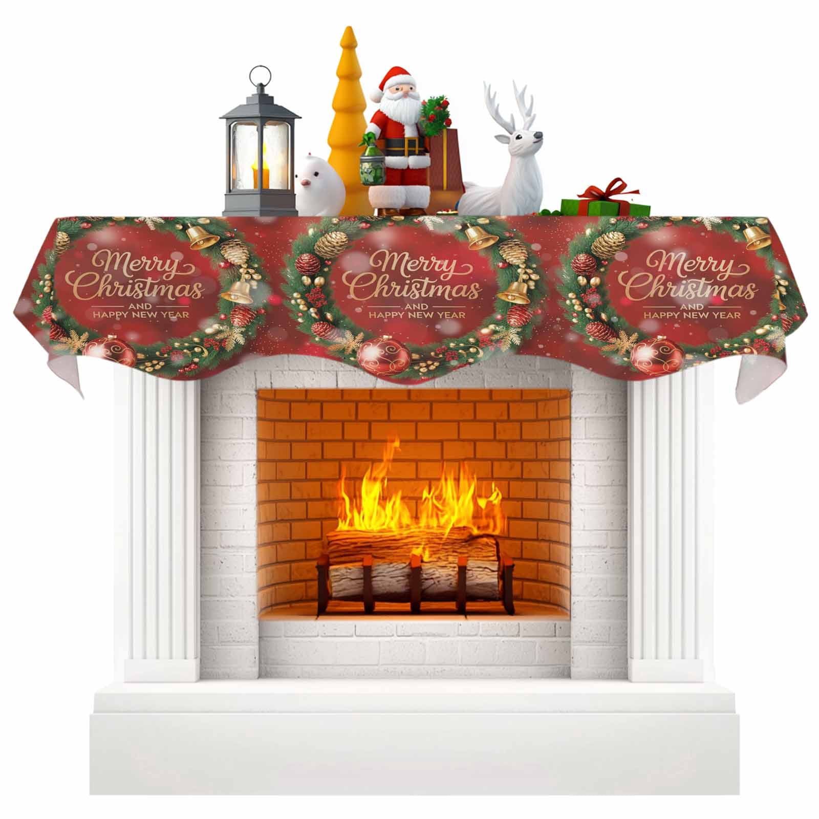 Red Christmas Fireplace Mantle Scarf, Winter Xmas Pine Branches Cone ...