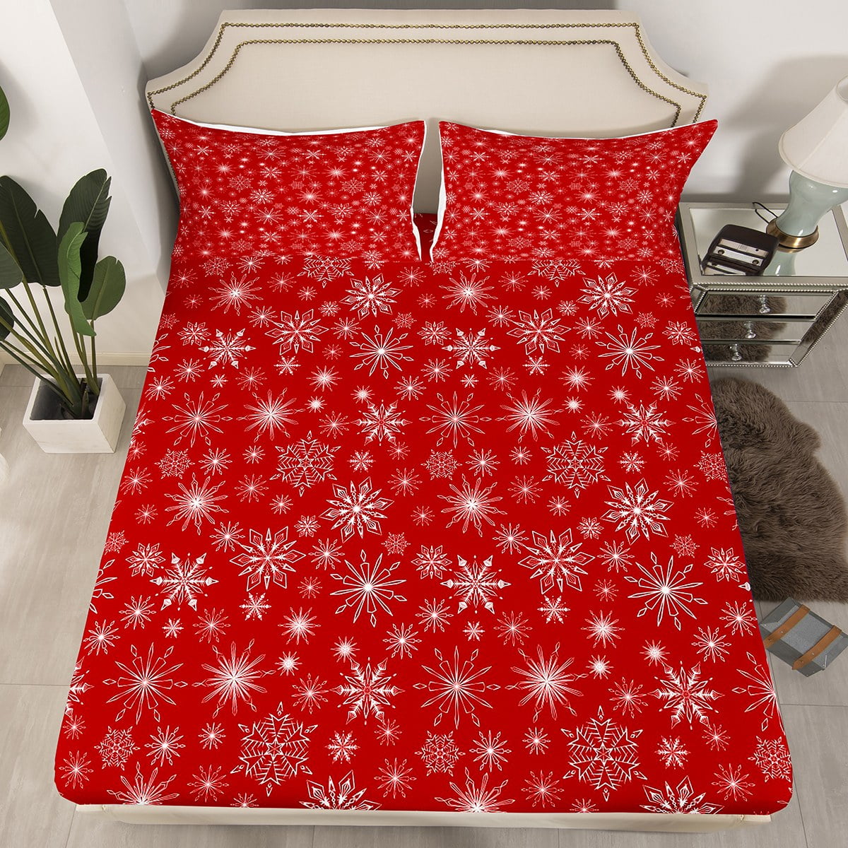 Red Christmas Fitted Sheet Queen Size Girly Romantic Snowflake Bed ...