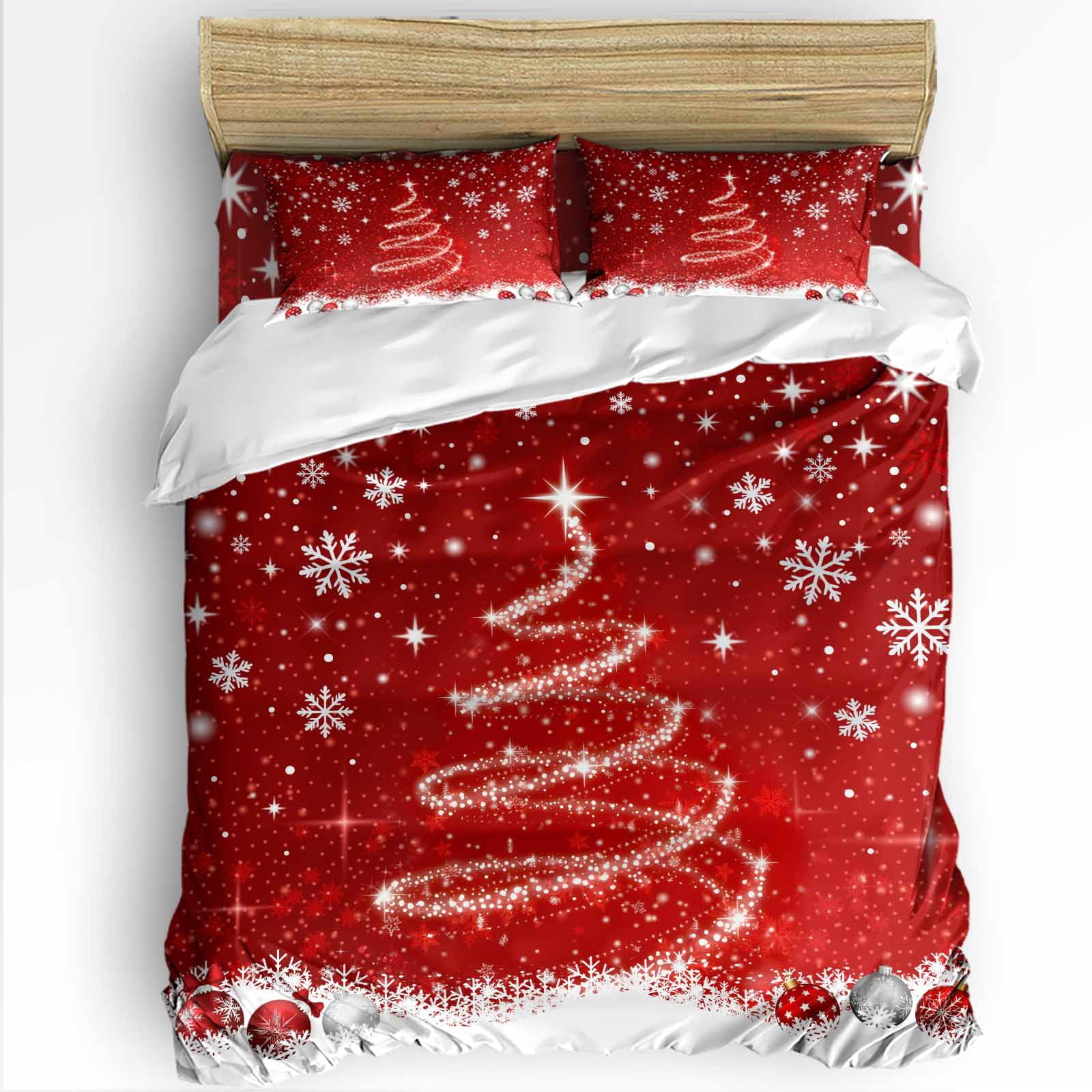 Red Christmas Full Size Comforter Set, Shiny Star Xmas Tree Balls ...