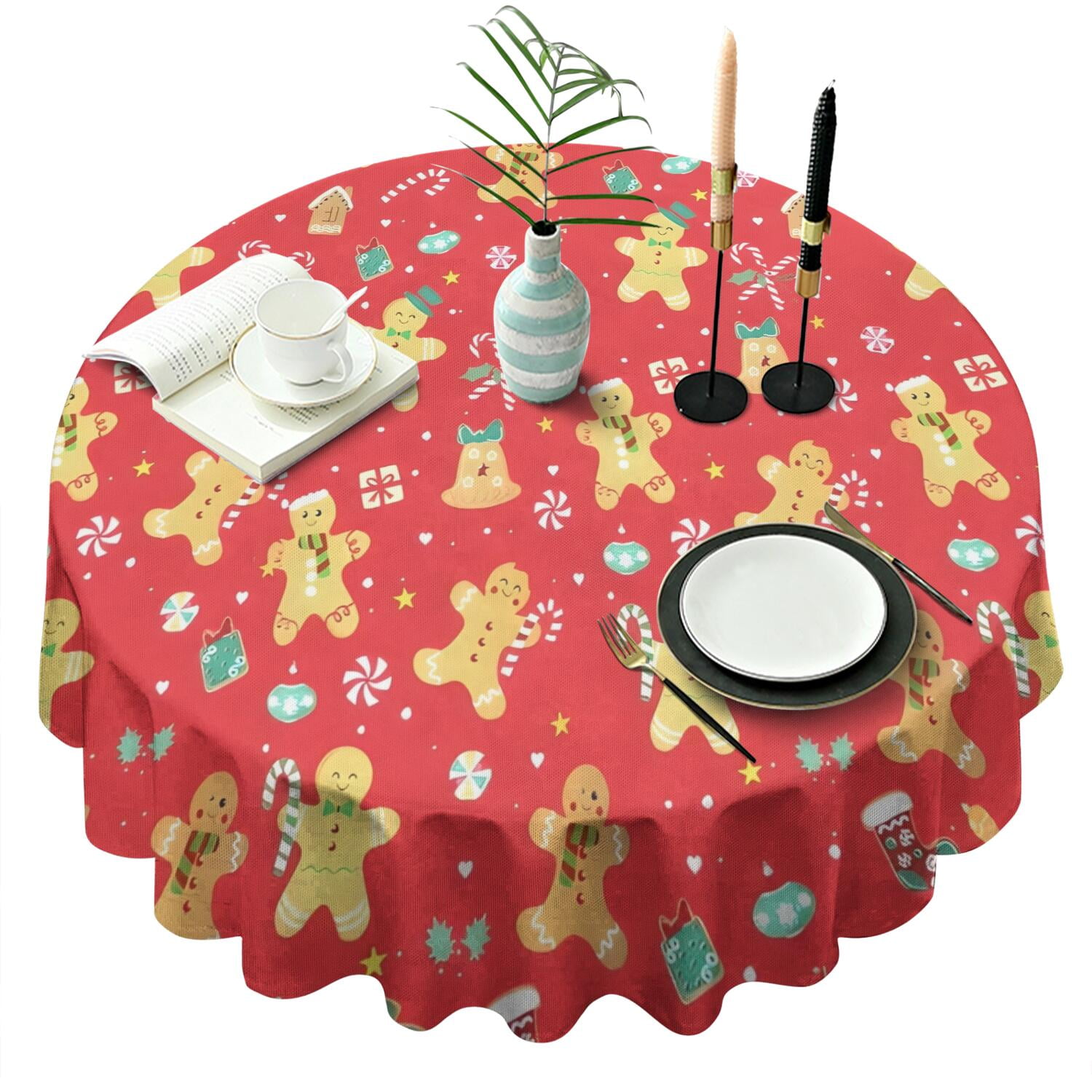 Red Christmas Gingerbread Man Pattern Round Tablecloth 60"x60",Wrinkle ...