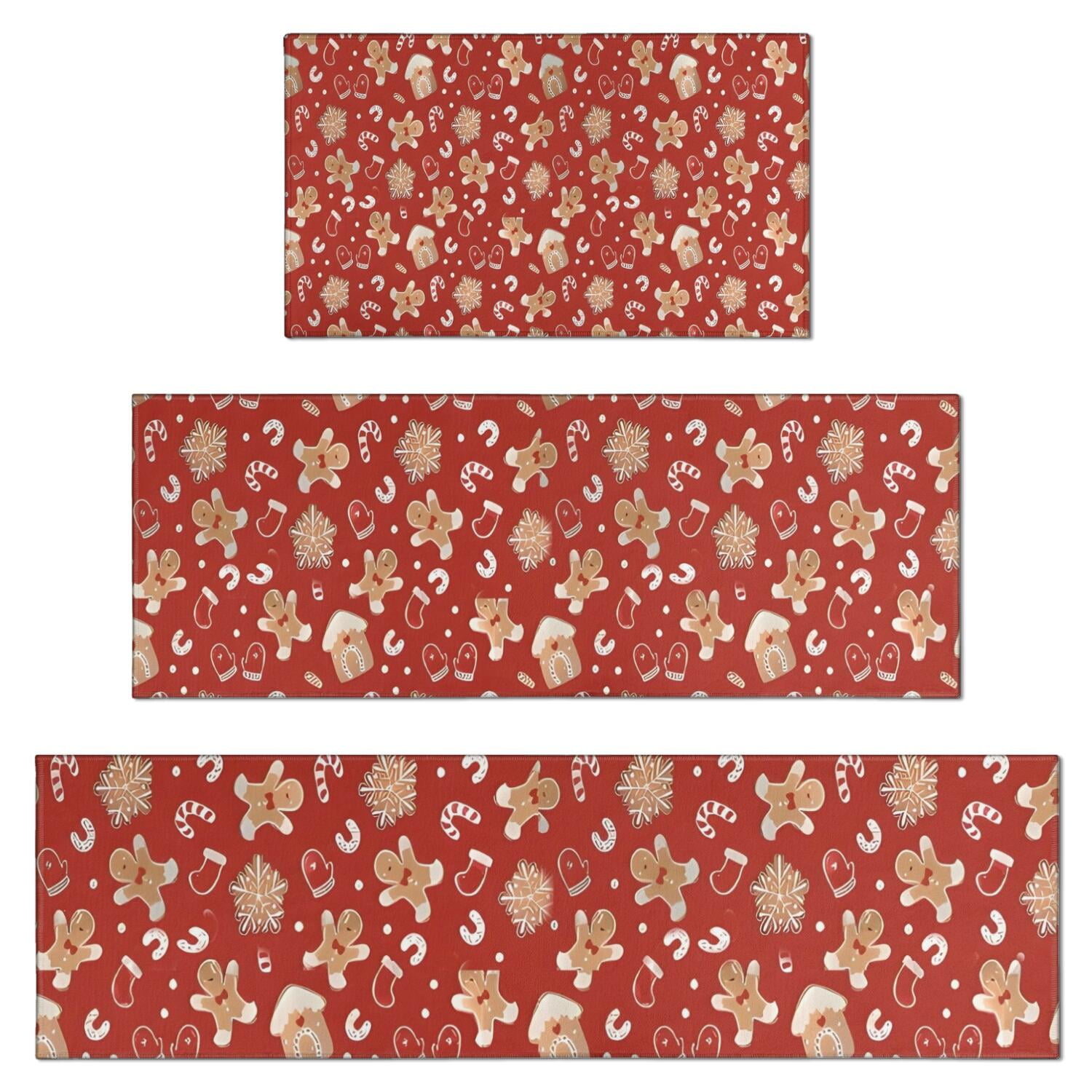 Red Christmas Gingerbread and Mitten Pattern Kitchen Rugs Sets Of 3 ...