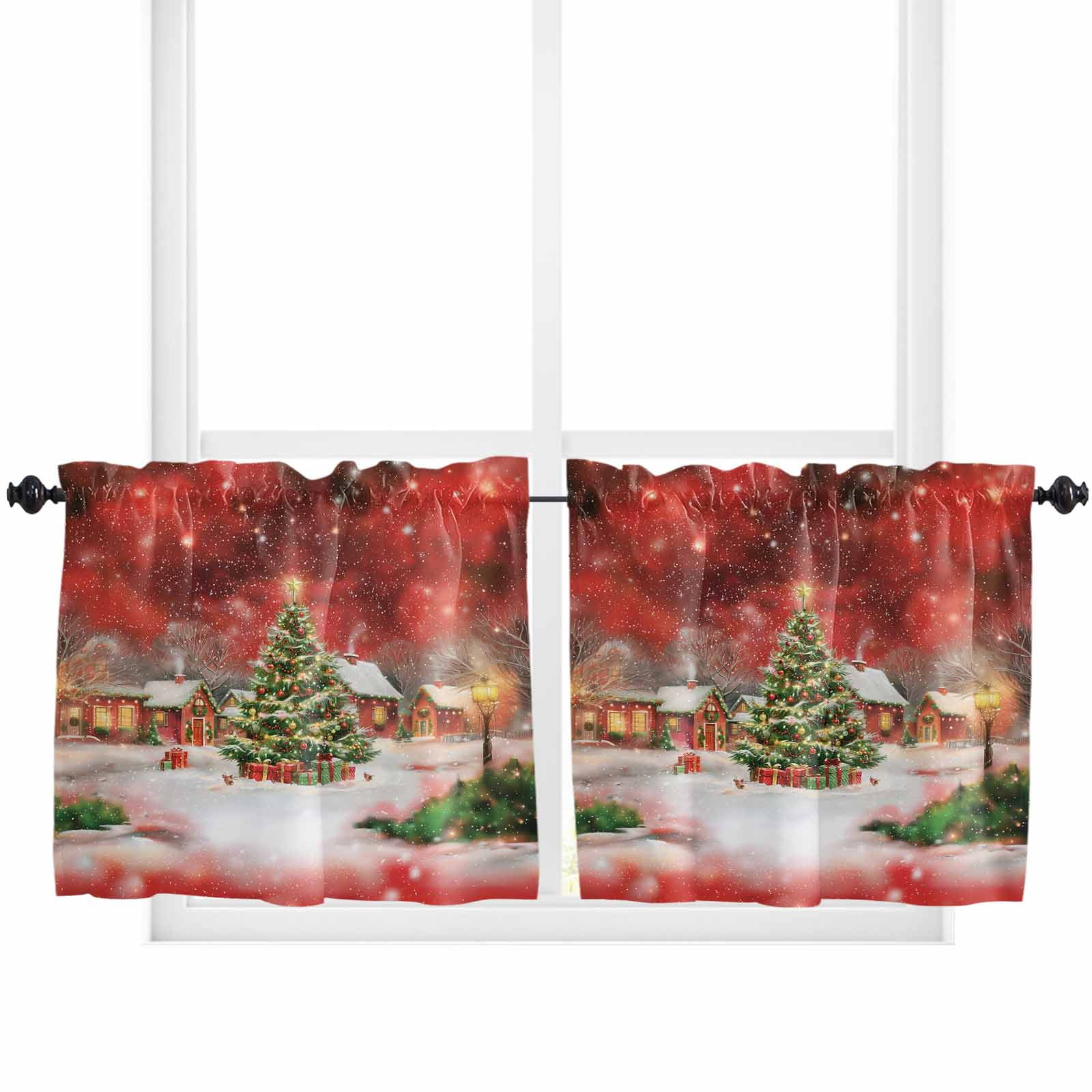 Red Christmas Kitchen Curtain 2 Panels Tiers Curtains 36 Inch Length ...