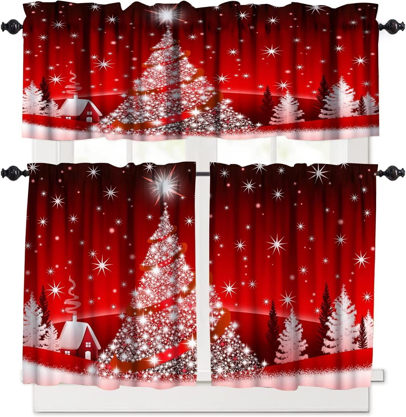 Red Christmas Kitchen Curtain Tiers and Valance Curtain Sets Snowman ...