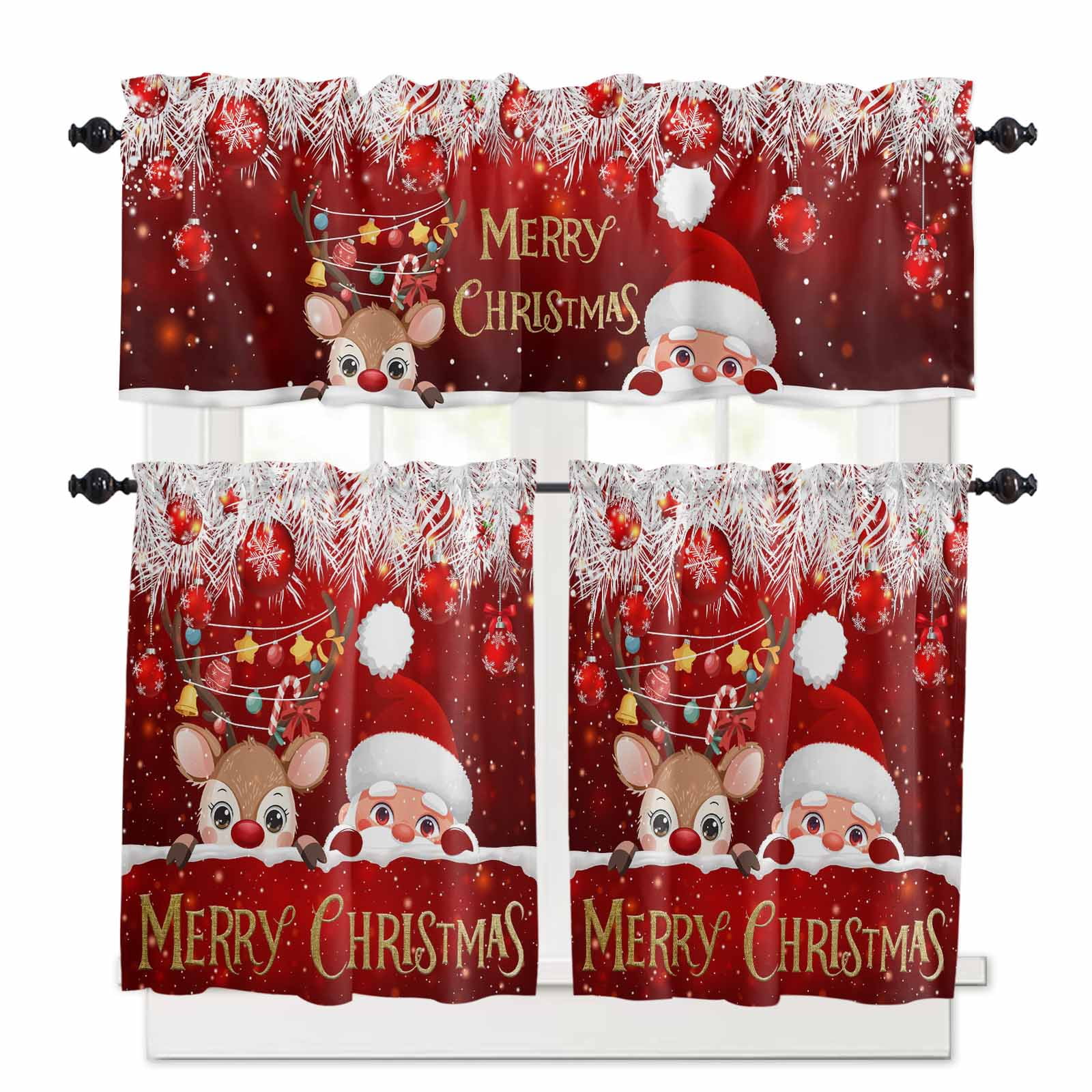 Red Christmas Kitchen Curtains and Valances Set, Cute Santa Claus Deer ...