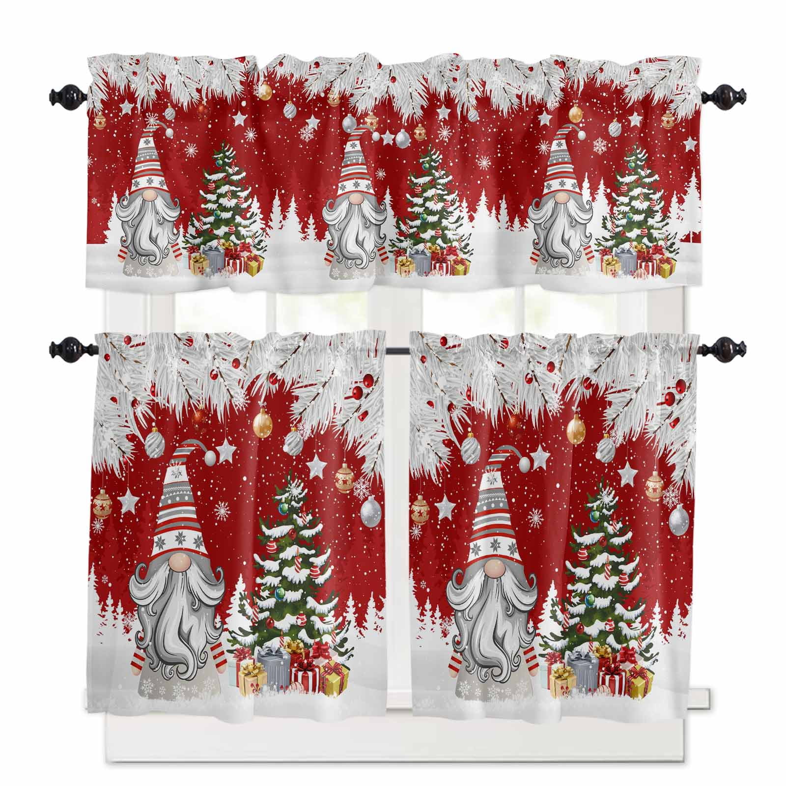 Red Christmas Kitchen Curtains and Valances Set, Dwarf Present Xmas ...